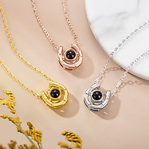 AILIN Custom Horseshoe Necklace For Women Brass/925 Sterling Silver Lucky Personalized Horse Photo Projection Necklace I Love You 100 Languages Memorial Horse Picture Pendant Birthday Chritmas Gifts