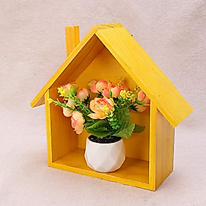 Cabilock Wooden House-Shaped Wall Storage Shelf Display Box Hanging Rack Holder Organizer for Bedroom Kids Room Kitchen (Yellow)