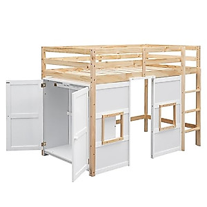 BOVZA Twin Size Loft Bed with Built-in Storage Wardrobe and 2 Windows, Wood Playhouse Loft Bed Frame with High Guard Rails for Kids Boys Girls Teens, Natural+White