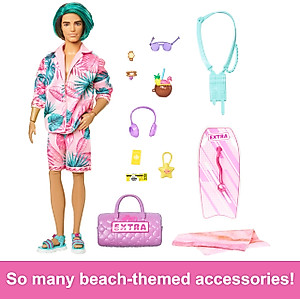 Barbie Extra Fly Ken Doll with Beach-Themed Travel Clothes & Accessories, Tropical Outfit with Boogie Board & Duffel Bag