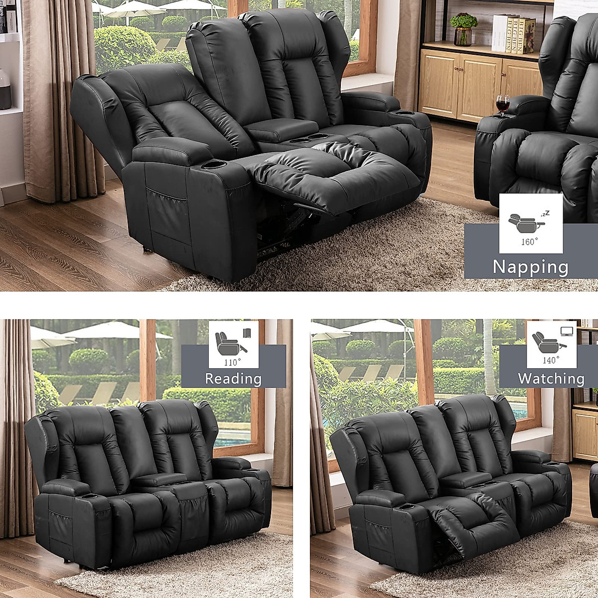 BINGTOO Home Theater Seating 67” RV Recliner Double Recliner Loveseat Manual Recliner Leather Recliner Loveseat Reclining Sofa with Console Slate, Cup Holder, Side Pocket