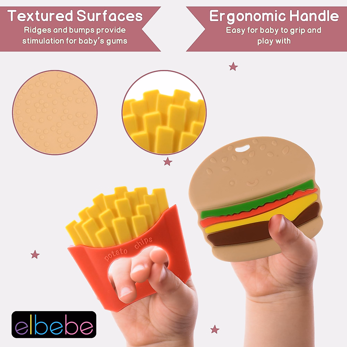 Elbebe Silicone Teething Toys - Baby Teething Toys - Baby Teether - Silicone Teethers for Babies - Baby Chew Toys - Silicone Baby Teether - Infant Teething Toys - Hamburger & Fries - Set of 2