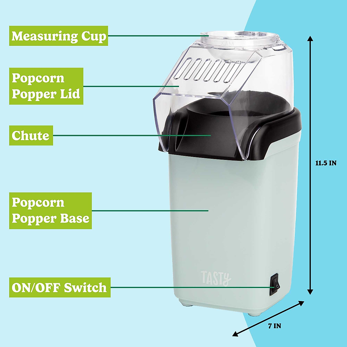 Tasty Hot Air Popcorn Popper, Healthy and Delicious Popcorn in Minutes, Fast and Easy-to-Use, Built-In Measuring Cup and Butter Warmer, 8 Cups, Aqua
