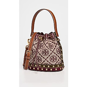 Tory Burch Women's T Monogram Jacquard Studded Bucket Bag, Claret, Red, Print, One Size