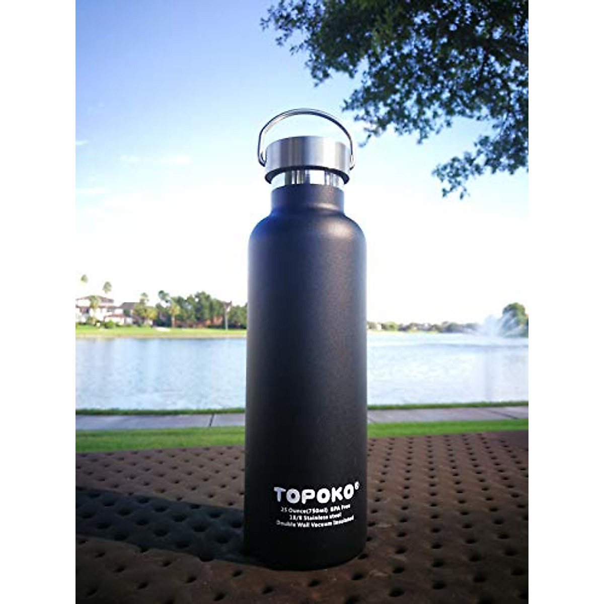 TOPOKO 25 oz Stainless Steel Vacuum Insulated Water Bottle, Keeps Drink Cold up to 24 Hours & Hot up to 12 Hours, Leak Proof and Sweat Proof. Large Capacity Sports Bottle Wide Mouth Metal Lid (Black)