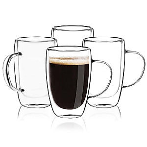 GMFINE Double Wall Glass Coffee Mugs with Handle, 16 oz Insulated Clear Espresso Cups, Cappuccino Cups, Latte Cups, Tea Cups, and Beverage Glasses, Heat Resistant, 4 Pack