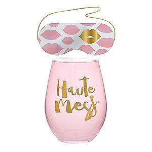 slant collections Creative Brands 2-Piece Wine Glass and Eye Mask Set, 20-Ounce, Haute Mess