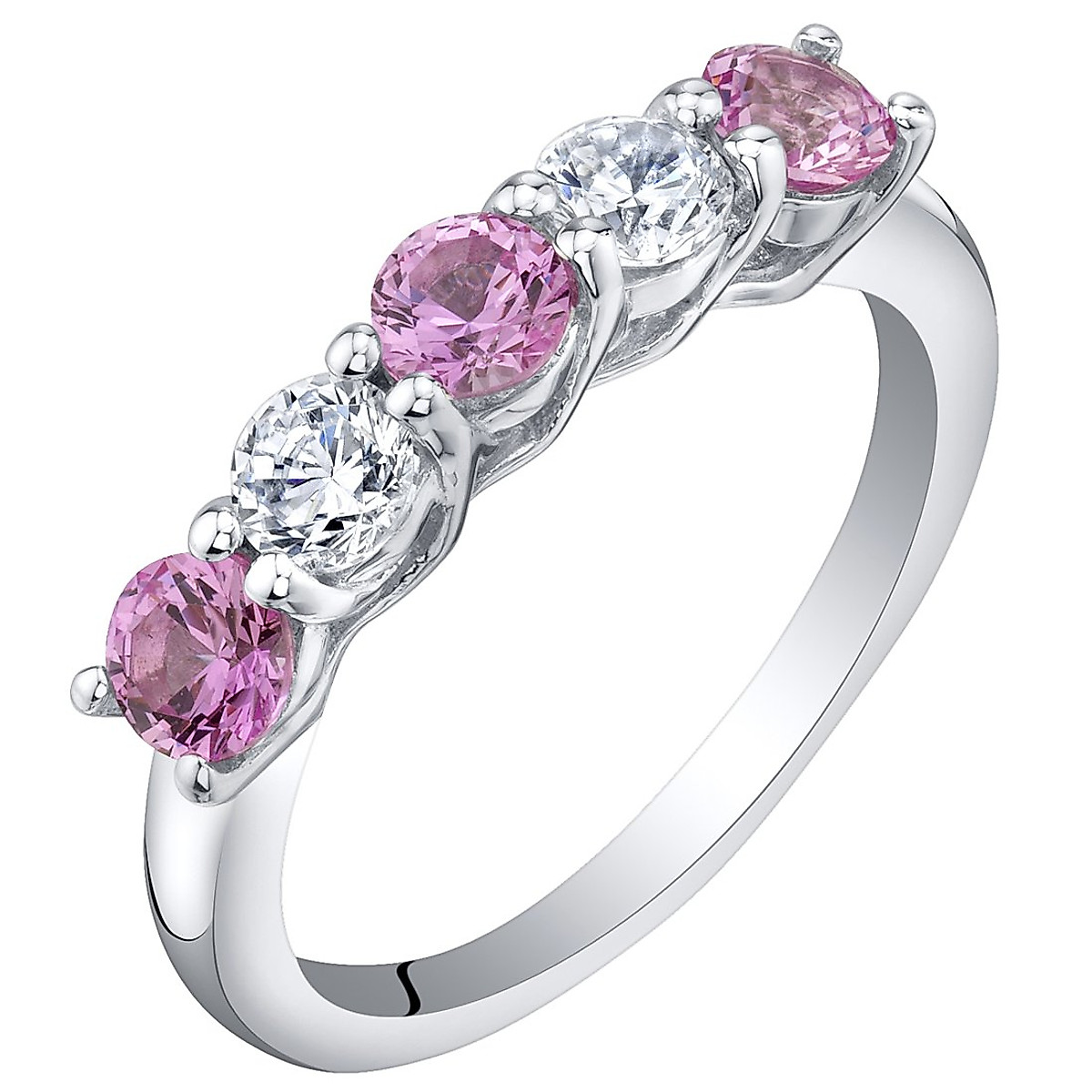 PEORA Created Pink Sapphire Half Eternity Ring for Women 925 Sterling Silver, 0.75 Carat total, Dainty Trellis Band, 3.5mm, Size 9