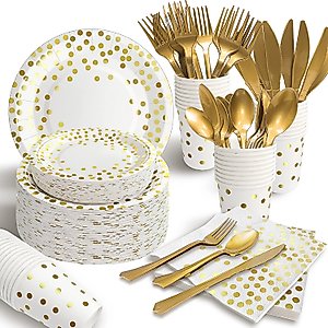350PCS White and Gold Party Supplies, Severs 50 Disposable Gold Paper Plates Party Supplies Engagement Party Decorations Plastic Forks Knives Spoons Napkins Cups for Wedding Bachelorette