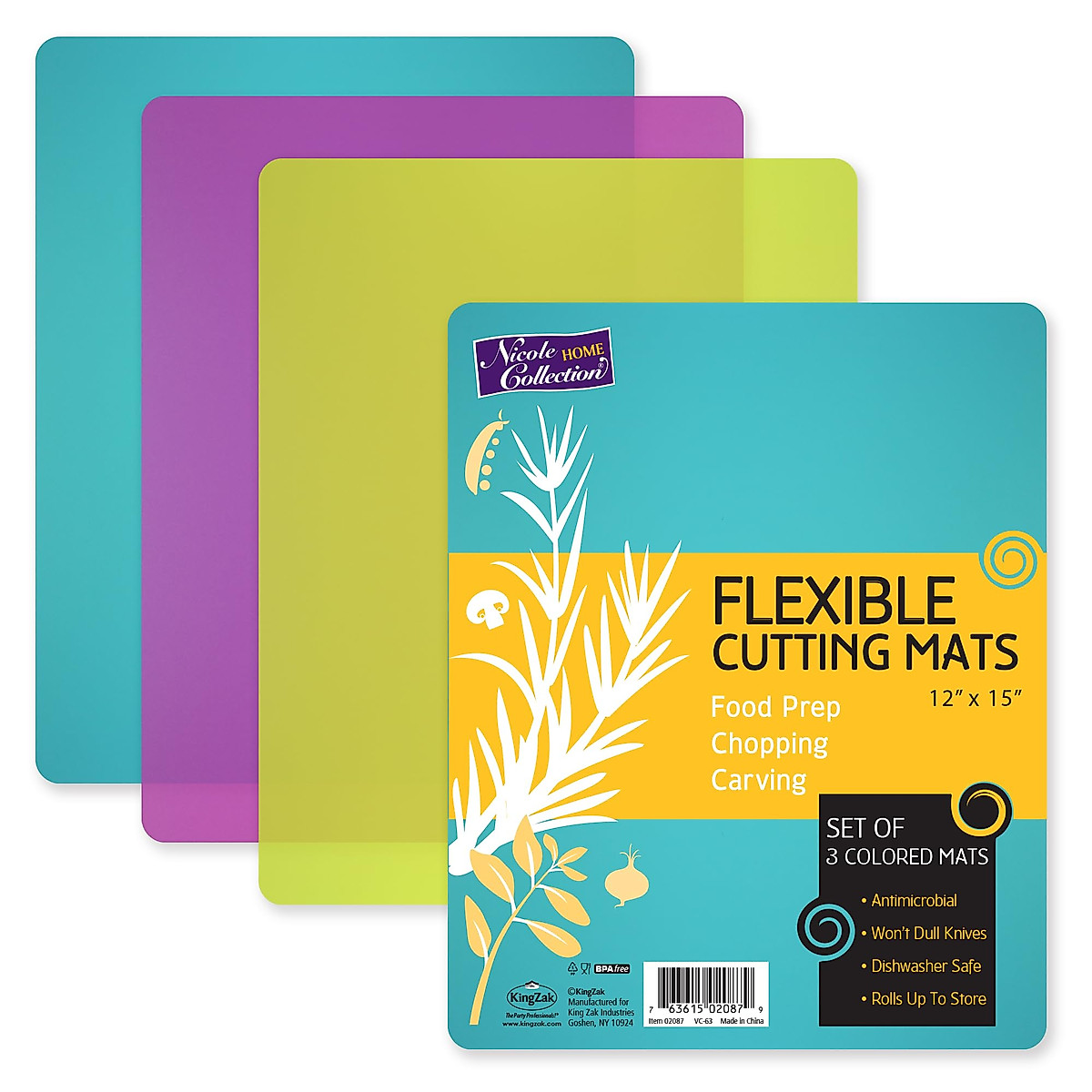 Flexible Plastic Cutting Board Mats set, Colorful Kitchen Cutting Board Set of 3 Colored Mats