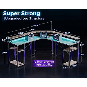 Coleshome L Shaped Gaming Desk with LED Lights & Power Outlets, Reversible 56" Computer Desk with Full Monitor Stand & Storage Shelves, Ergonomic Home Office Corner Desk, Gray Oak