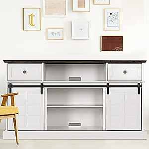 White TV Stand, Entertainment Center for 65 inch TV, 58" Modern Farmhouse TV Stand with Sliding Barn Door, Tall TV Console and Storage Cabinet with Flip Drawers for Living Room