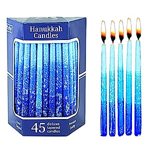Premium Dripless Hanukkah Candles Multi Blues Frosted Thin Tapered Chanukah Candle Set of 45 Enough for Eight Nights of Hanukah Includes a DIY Dreidel, Prayer Card with Chanukah Song - Aviv Judaica