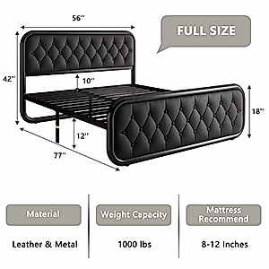Feonase Full Size Curved Metal Platform Bed Frame with Faux Leather Headboard, Heavy Duty Bed Frame with Rhombus Button Tufted Footboard, 1000 lbs Weight Capacity, Noise-Free, Easy Assembly, Black
