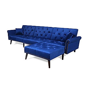 SIU Sectional Convertible Futon Sofa Bed,Mid-Century Button Tufted Sofa 2 Pillows,Reversible Chaise,L Shape Sectional Couch Sleeper Velvet Sleeper Sofa for Living Room Furniture (Navy Blue)