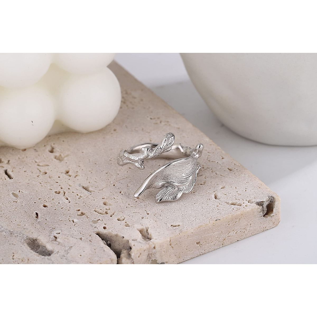 Leon Design White Gold Plated Sterling Silver Rings for Women Lava Flower Thick Silver Statement Ring Adjustable Open Irregular Ring Handmade Stacking Ring for Anniversary Birthday Gift