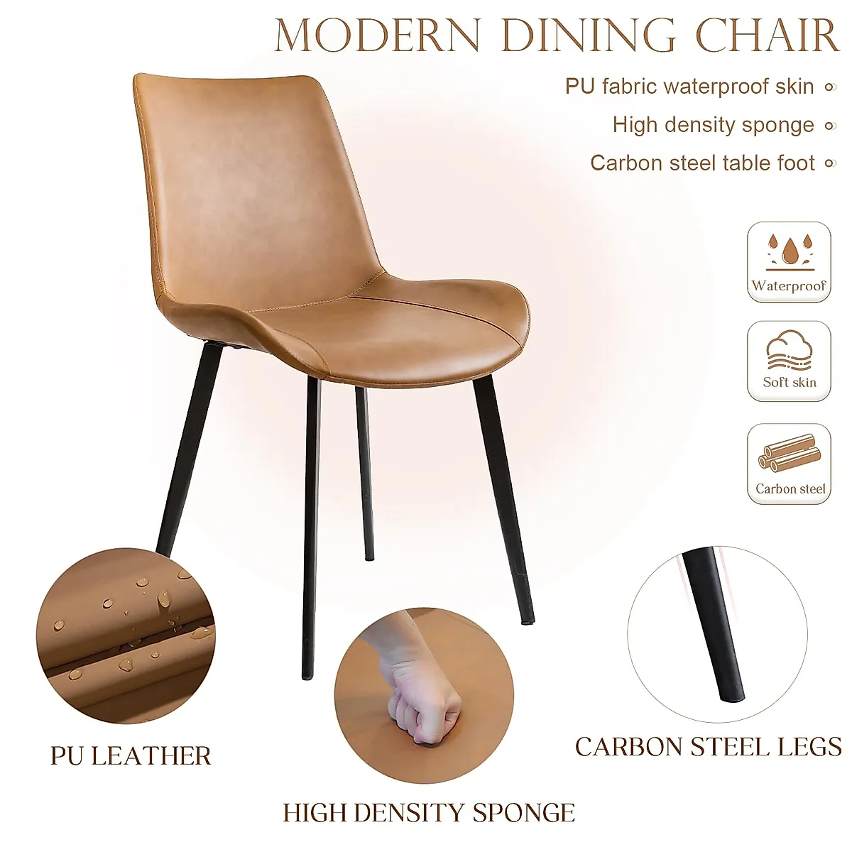 AmoUnico Dining Chairs, Modern PU Leather Dining Room Chair with Sturdy Metal Legs, Upholstered Seat Dinner Chairs Accent Side Chairs for Indoor Kitchen Living Room (Brown, Set of 4)