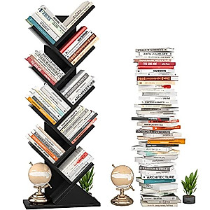 Topfurny Tree Bookshelf, 9-Tier Shelf Rustic Brown Bookcase, Retro Wood Storage Rack for CDs/Movies/Books, Anti-Fall Utility Organizer Shelves for Living Room, Bedroom, Home Office, Black