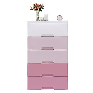 Xianikoho Storage Cabinet for Toy Organizers and Storage Bedroom Clothing Drawer Cabinet and Craft 5 Drawer Plastic Storage Canisters Sets with Shelving Units and Storage (Gradient Pink)