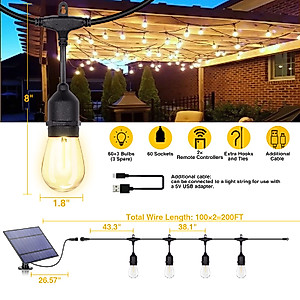 ZJOJO Solar String Lights Outdoor Waterproof 200FT(2 Pack), Solar Outdoor String Lights with 60 Shatterproof Sockets, LED Patio Lights Solar Powered & USB Port, IP65 Grade Solar Lights for Outside