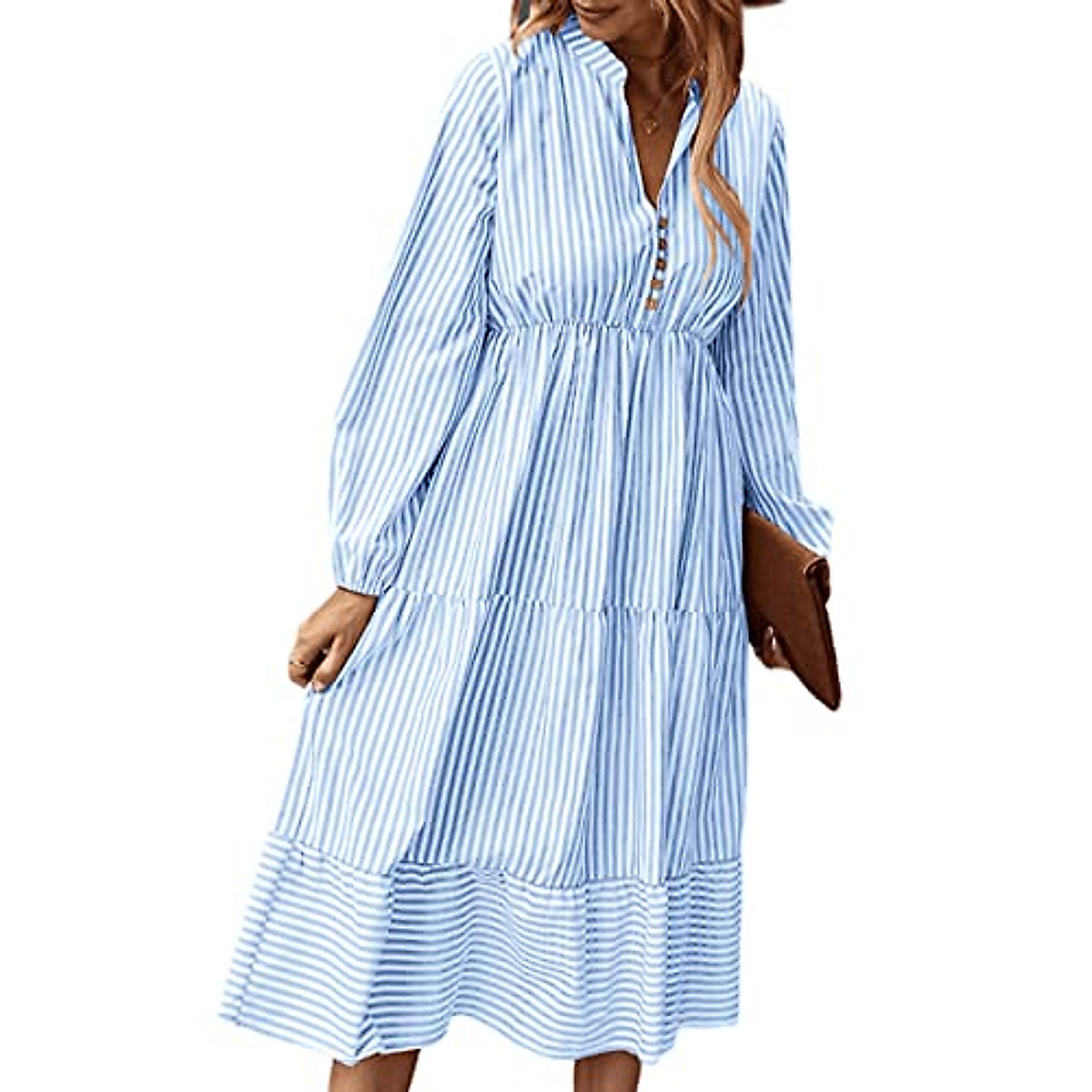 YOXUA Women's Striped Shirt Dresses Stand V Neck Midi Dress Pleated Ruffle Casual Long Sleeve Dress