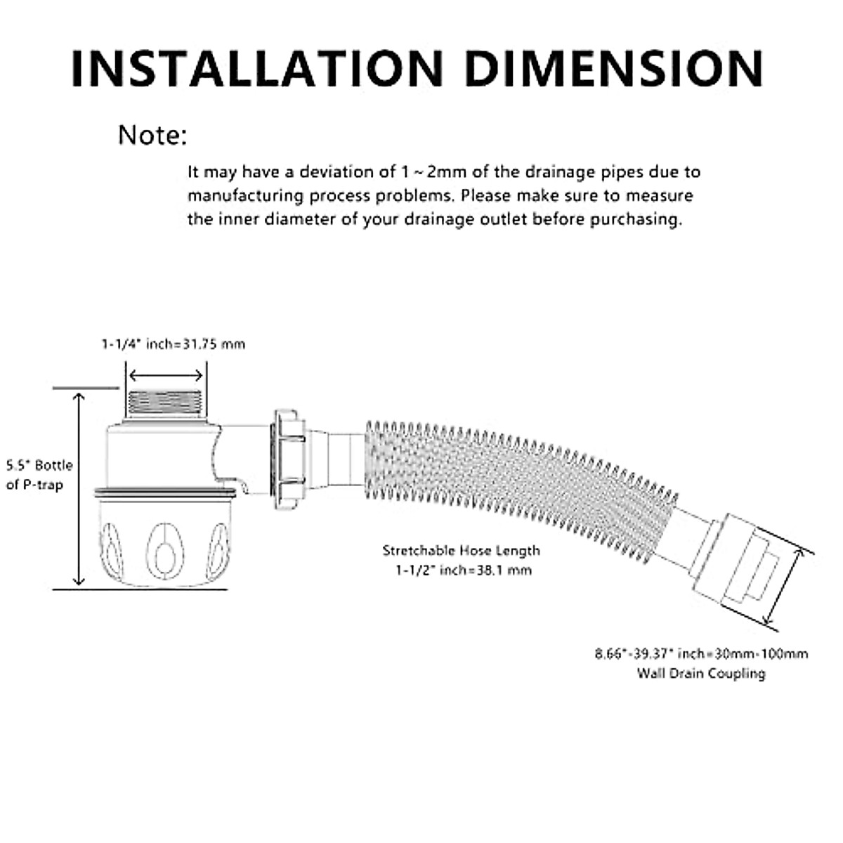 LOONGSHINET 1-1/4 Inch Bathroom Sink Drain Kit Flexible Expandable Anti-siphon Bottle Universal Sink Drain Assembly for Bathroom Tube S Trap, Bathroom Vanity Sink Drain Plumbing P Trap Pipe, White