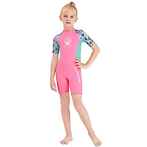 Wetsuit Kids Shorty Neoprene Thermal Diving Swimsuit 2.5MM for Girls Boys Child Teen Youth Toddler, One Piece Children Rash Guard Swimming Suit UV Protection Sunsuit for Surfing (Girl Pink, L)