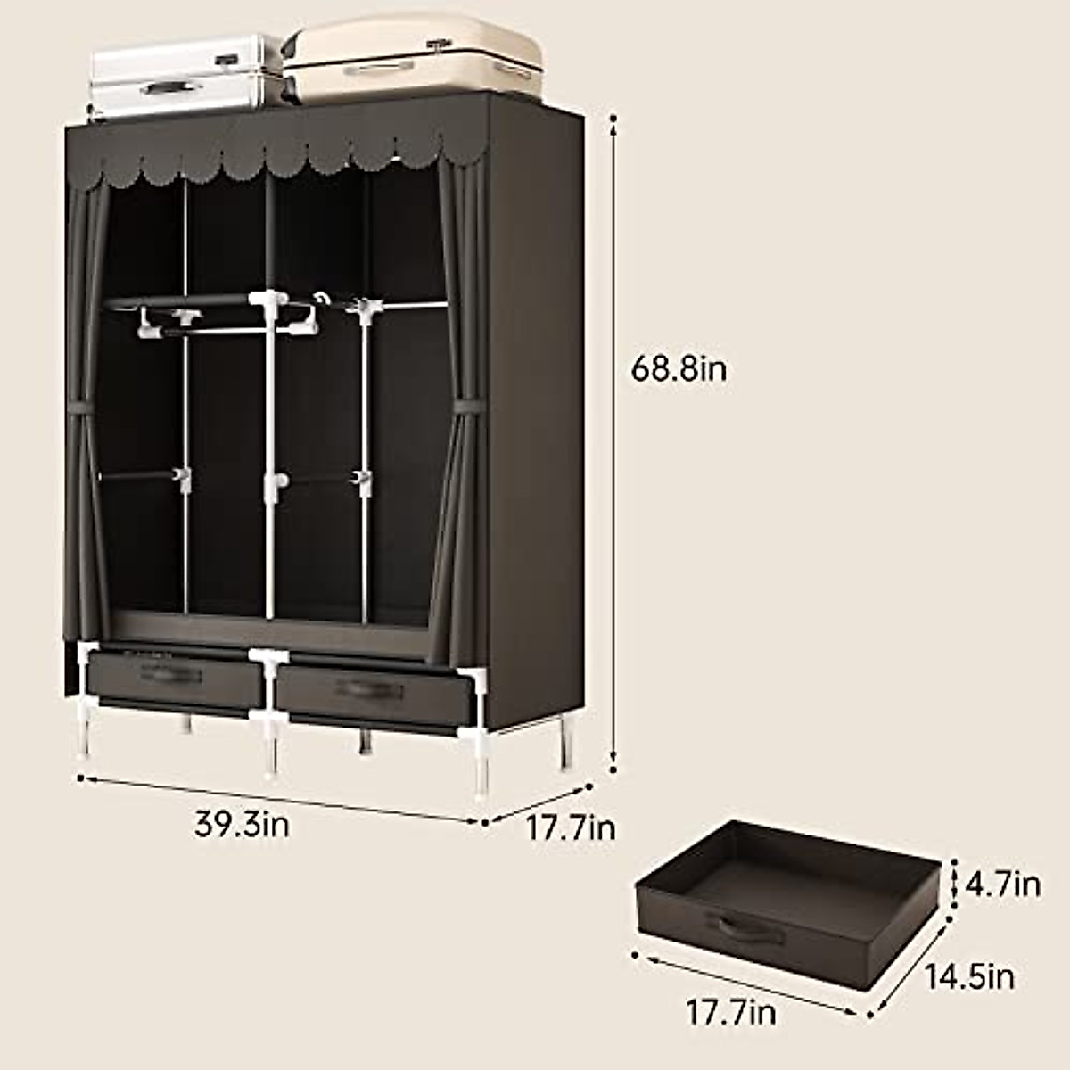 LEAIJIAFY Small Portable Cloth Wardrobe Closet for Hanging Clothes with 2 Drawers,Brown Armoire with 2 Hanging Rods,Clothes Rack Storage Organizer with Non Woven Fabric Cover,for Bedroom