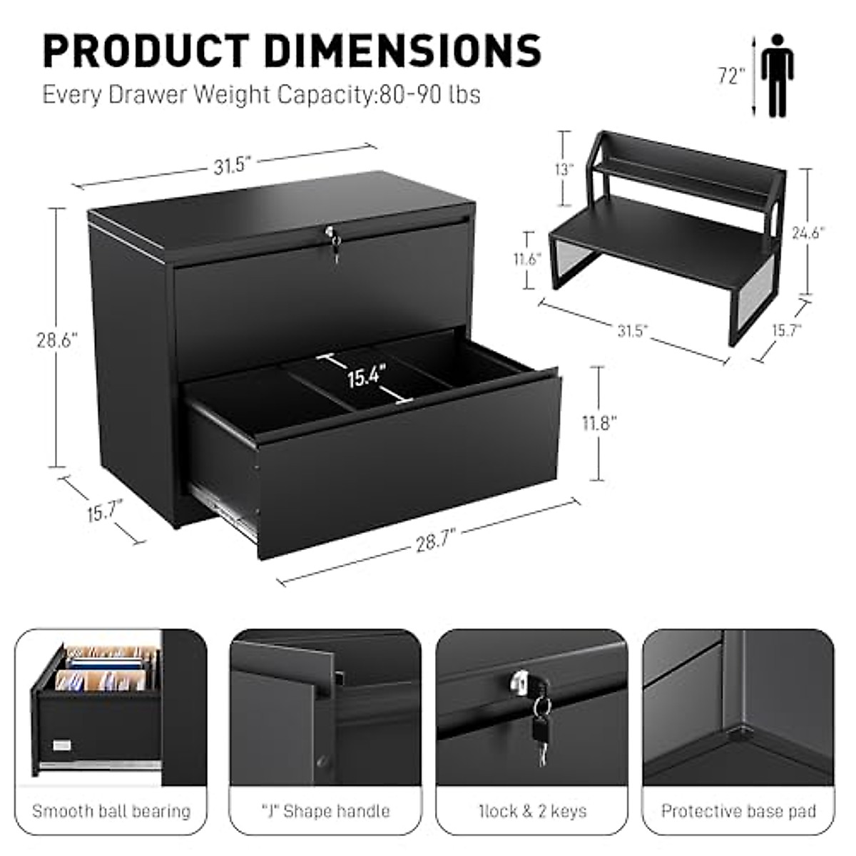 Rophefx File Cabinet with Shelves, 2 Drawers Lateral File Cabinet, Printer Stand with Open Storage Shelf, Metal File Cabinet with Lock, Black