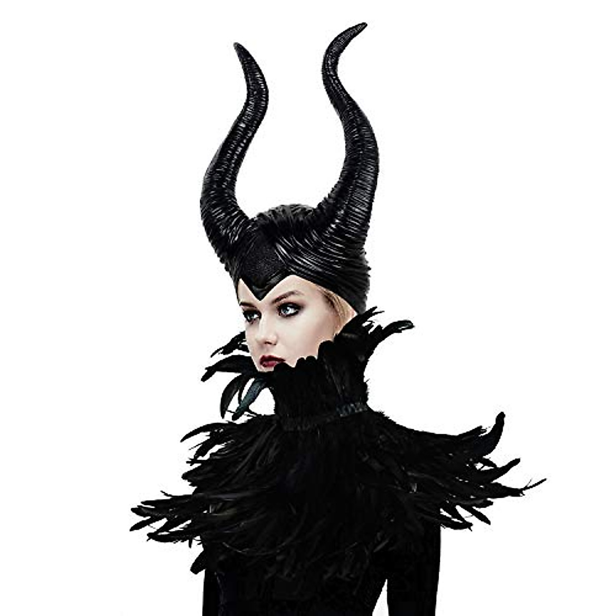 HOMELEX Evil Queen Feather Horns Costume for Women Black Cape Halloween Headpiece Shawl Accessories