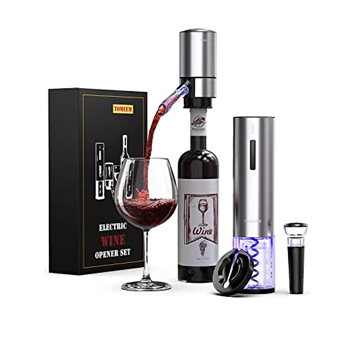 Electric Wine Opener Set, Tomeem Wine Gift Set with Rechargeable Wine Opener, Electric Wine Aerator, Vacuum Stoppers and Foil Cutter, 4-in-1 Electric Wine Bottle Opener for Home Party Bar Outdoor