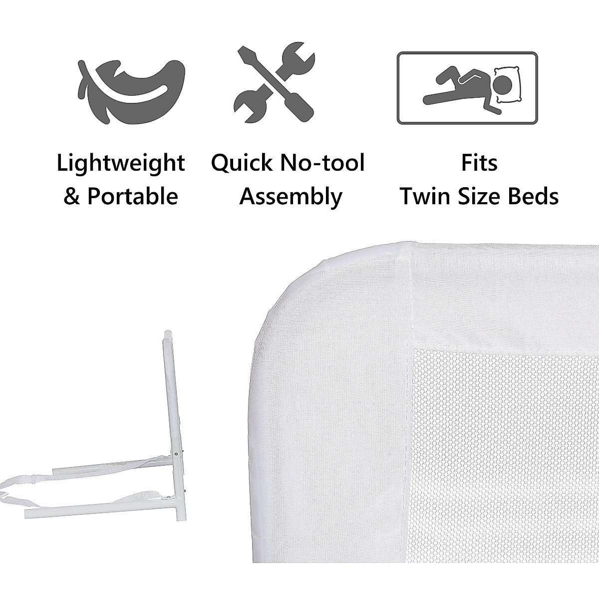 Dream On Me Adjustable Mesh Bed Rail, Two Height Levels, Ready to Use, Compatible with Twin Size Beds, All Steel Construction, Equipped with Guard Gap, Durable Nylon Fabric Mesh, White