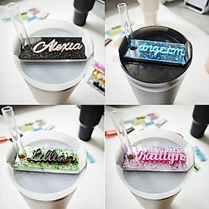 Personalized Name Plate for Stanley 20 30 40 Oz,Custom Name Tag for Stanley Cup - Raised Lettering - Customized Tumbler Name Plate,Tumbler Lid Topper (Glitter Scale + Glitter Stars)