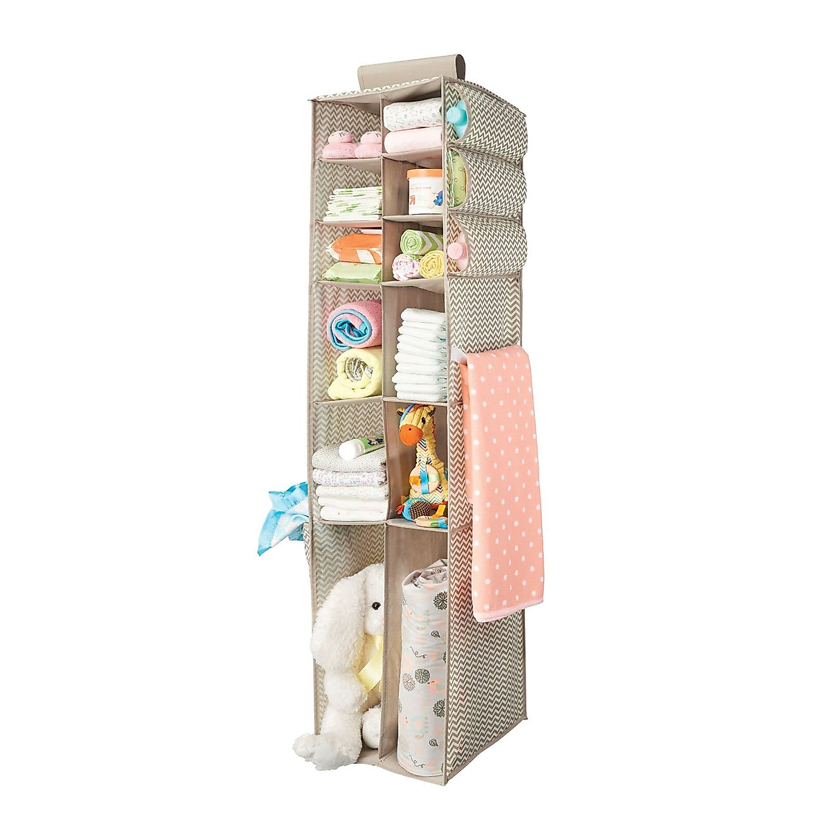 mDesign Long Soft Fabric Over Closet Rod Hanging Storage Organizer with 12 Divided Shelves, Side Pockets for Child/Kids Room or Nursery, Store Diapers, Wipes, Lotions, Toys - Taupe/Natural