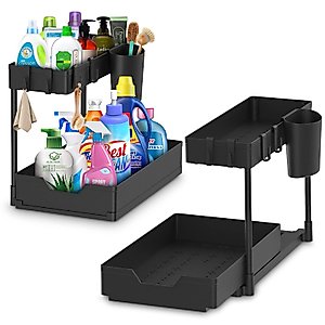 2 Pack Under Sink Organizer, L-Shaped 2-Tier Sliding Basket Organizer with 4 Hooks and Hanging Cup,Multi-purpose Organizer and Narrow Space Storage Shelf for Bathroom Kitchen Cabinet, (Black 2 Pack)