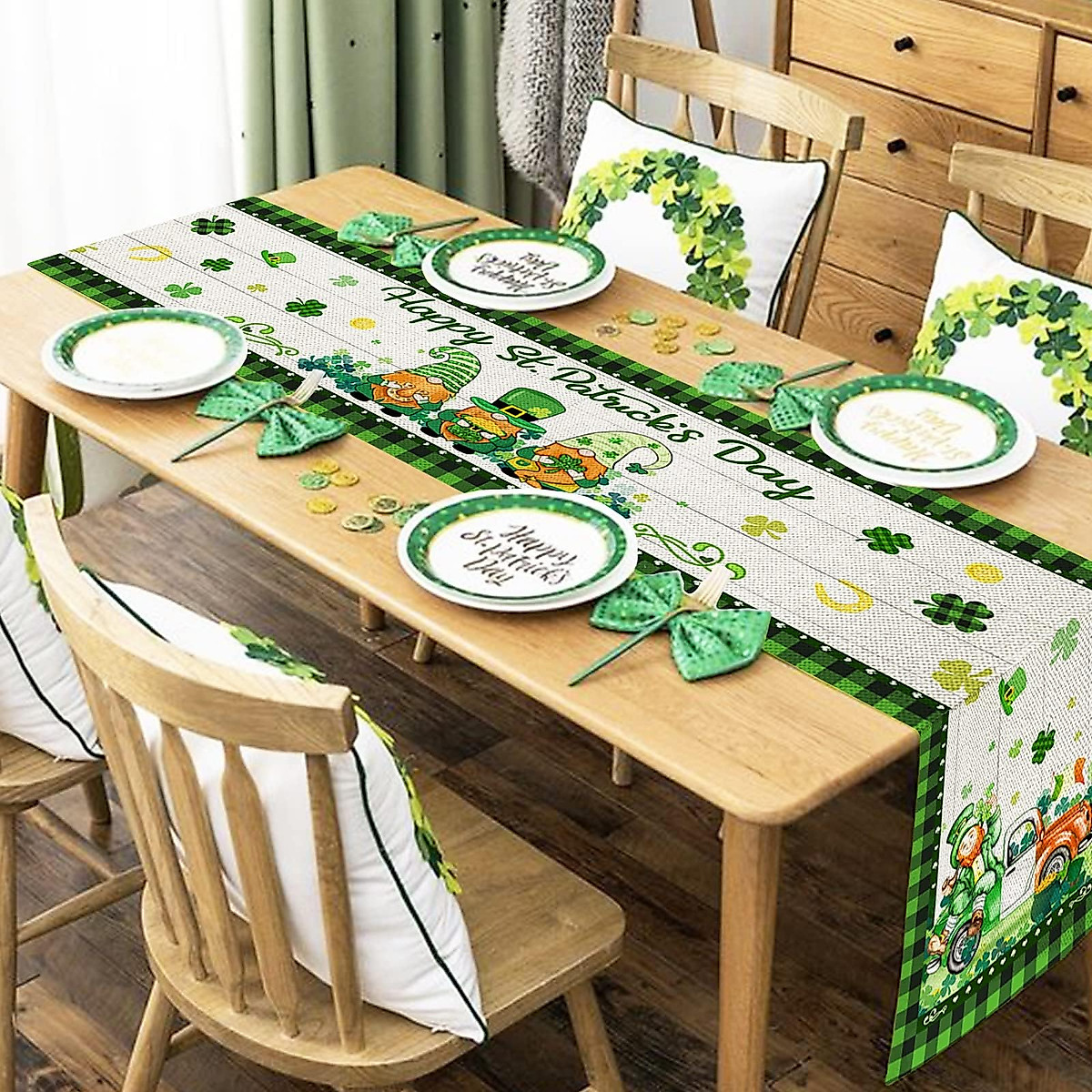 St Patricks Day Table Runner 72 Inch Long, St Patricks Leprechaun Gnomes Table Runner, Shamrocks Green Truck Decorations for Home Dining Room