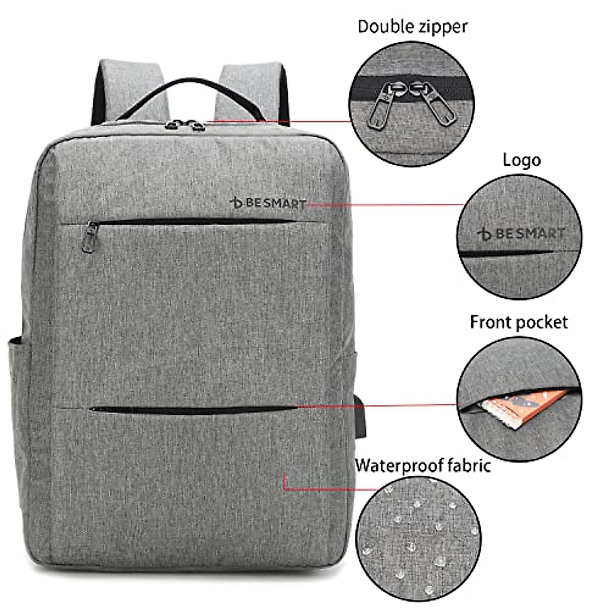 BE SAMRT Laptop Backpack, Business Slim Durable Laptops Travel Backpacks with USB Charging Port, Waterproof College Backpack Computer Bag Gifts for Men & Women Fits 15.6 Inch Notebook (Black)