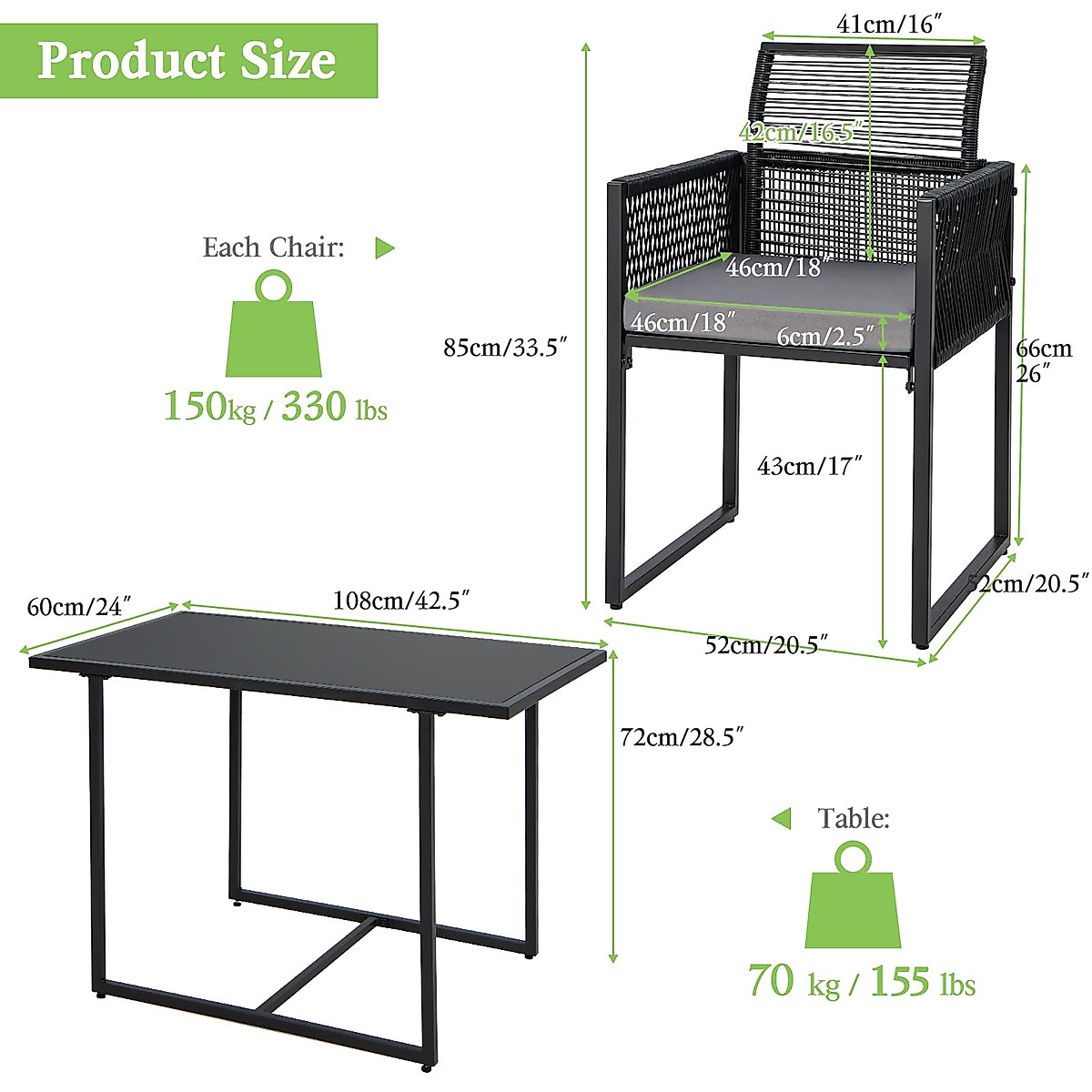 DORTALA Rattan Patio Furniture Set, 3-Piece Dining Set with Cushions, Tempered Glass Tabletop, Outdoor Wicker Small Chairs & Table Set for Backyard, Balcony, Poolside, Black