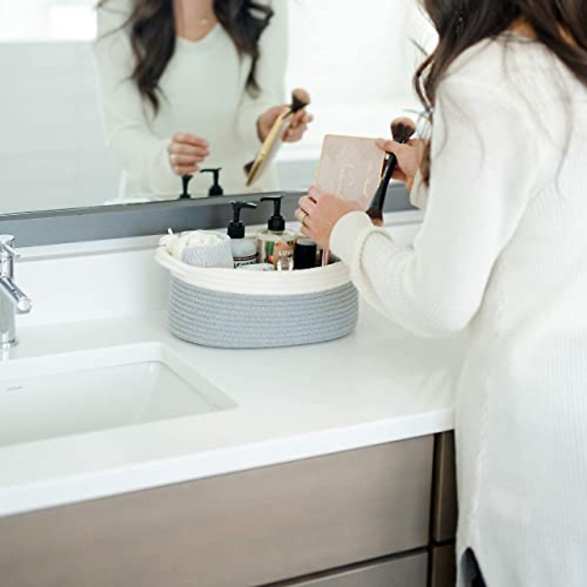 NaturalCozy 3-Piece Oval Storage Basket Set– Natural Rope Woven Baskets for Storage, Gift Basket Empty, Toy Basket, Soft Baby Basket for Nursery, Cat Dog Toy Baskets, Small Basket (Off White & Gray)