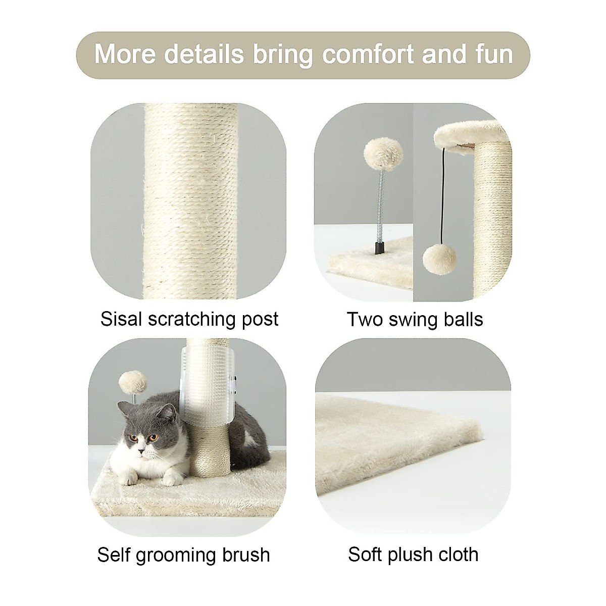 PEEKAB 32" Tall Cat Scratching Post Sisal Rope Scratch Posts with Hanging Ball and Self-Massage Brush Vertical Scratcher for Indoor Cats and Kittens(Beige 32inches)