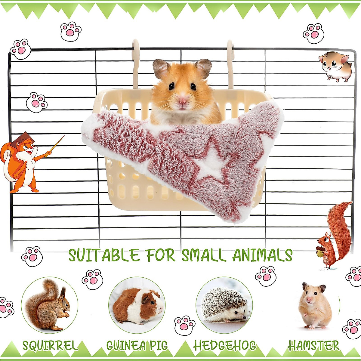 Geetery 5 Set Rat Hammock for Cage Chew Proof Rat Toys Warm Bed, Small Animal Hanging Basket Ferret Cage Accessories and Habitats Removable Nest Mat for Hamster, Sugar Glider, Hedgehog (Paw, Star)
