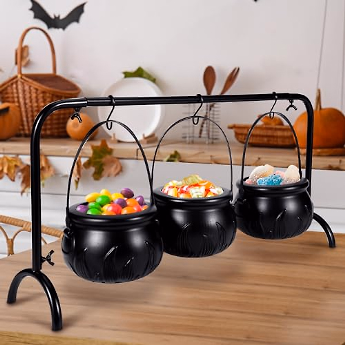 Tanlade Halloween Witch Cauldron, 3 Pcs Candy Serving Bowl on Rack with 3 Black Plastic Cauldron Bowls, Spooky Candy Bucket Punch Bowls for Halloween Party Table Home Decoration(Black)