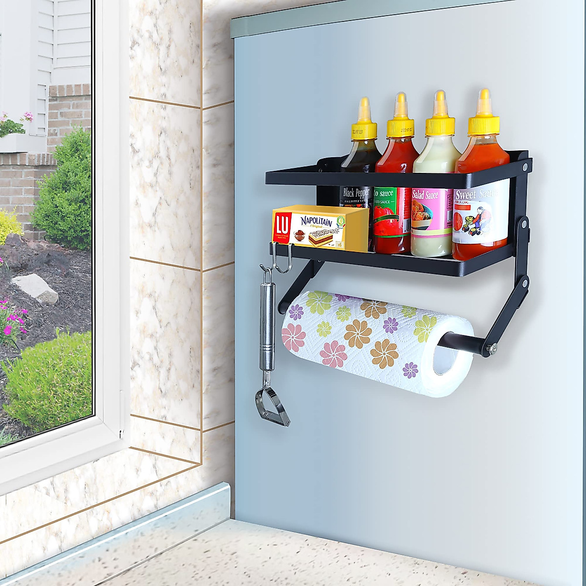 Foldable Magnetic Paper Towel Holder Refrigerator Storage Spice Rack with 3 Mobile Hooks and Paper Towel Holder(Single Layer /Black) Strong Magnetic Shelf for Refrigerator
