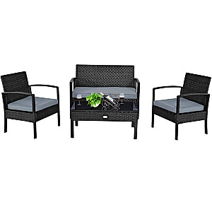 COSTWAY 4PCS Patio Rattan Furniture Set, Outdoor Wicker Conversation Set with Tempered Glass Coffee Table, Seat Cushions, Ideal for Poolside Balcony Porch Backyard