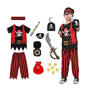 ZYKKGEY Pirate Costume for Kids, Pirate Costume Set Pretend Role Play Dress Up Party with Knife,Telescope,Hook