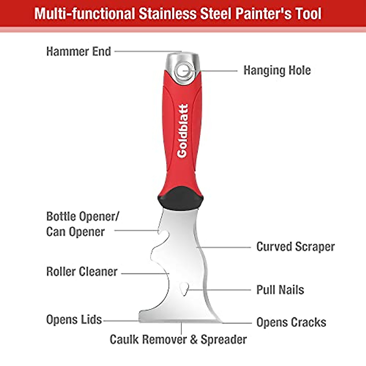 Goldblatt 4-piece Stainless Steel Joint Knife Set, 3-piece 4'', 5'', 6'' Putty Knives and 9-in-1 Multi-Tool Painter Scraper, Soft Handle with Hammer End, for Drywall