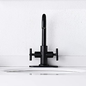 Phiestina Matte Black Centerset Bathroom Faucet, 4 Inch Single Hole or 3 Hole Vanity Faucet with 360°Swivel Spout, Deck Plate, Drain and Water Supply Line, SGF03-10-MB