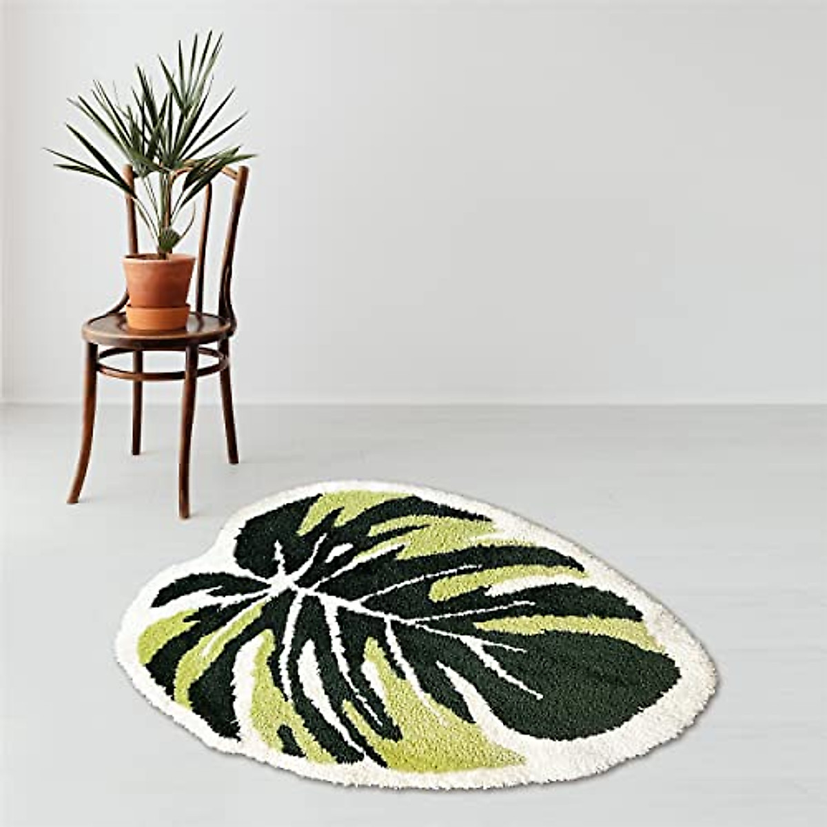 THRILRUG Monstera Leaf Area Rugs Non Slip Bath Mat Tufted Rug,Ultra Soft Washable Children Play Plant Leaves Shaped Kids Pets Floor Mat Carpet for Bedroom,Living Room Green 3.6'×4.7'