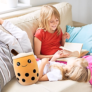 Ditucu Cute Boba Tea Plush Stuffed Bubble Tea Plushie Cartoon Soft Milk Tea Cup Pillow Home Hugging Gift for Kids Brown Big Eyes 13.7 inch