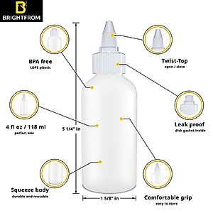 BRIGHTFROM Twist Top Applicator Bottles, Squeeze 4 OZ Empty Plastic Bottles, Refillable, Open/Close Nozzle - Multi Purpose (Pack of 2)